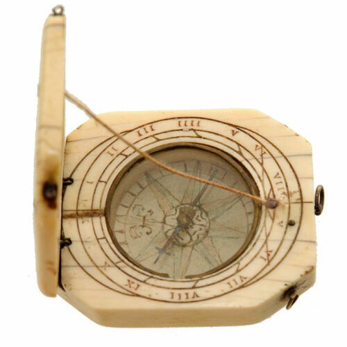 Ivory Diptych sundial signed and dated: A L 1574 - Van Leest Antiques